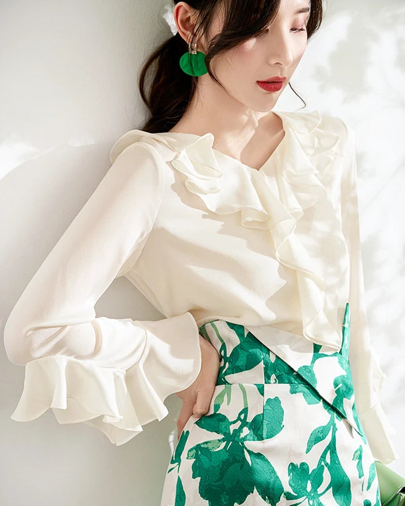 Women’s White Silk Ruffle Blouse | V-Neck Long Sleeve Ruffle Shirt – DAISYSILK