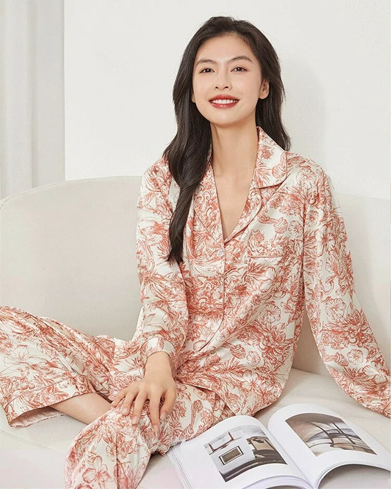 DaisySilk Women's Silk Pajamas Set Floral Print Long Sleeve Sleepwear ...