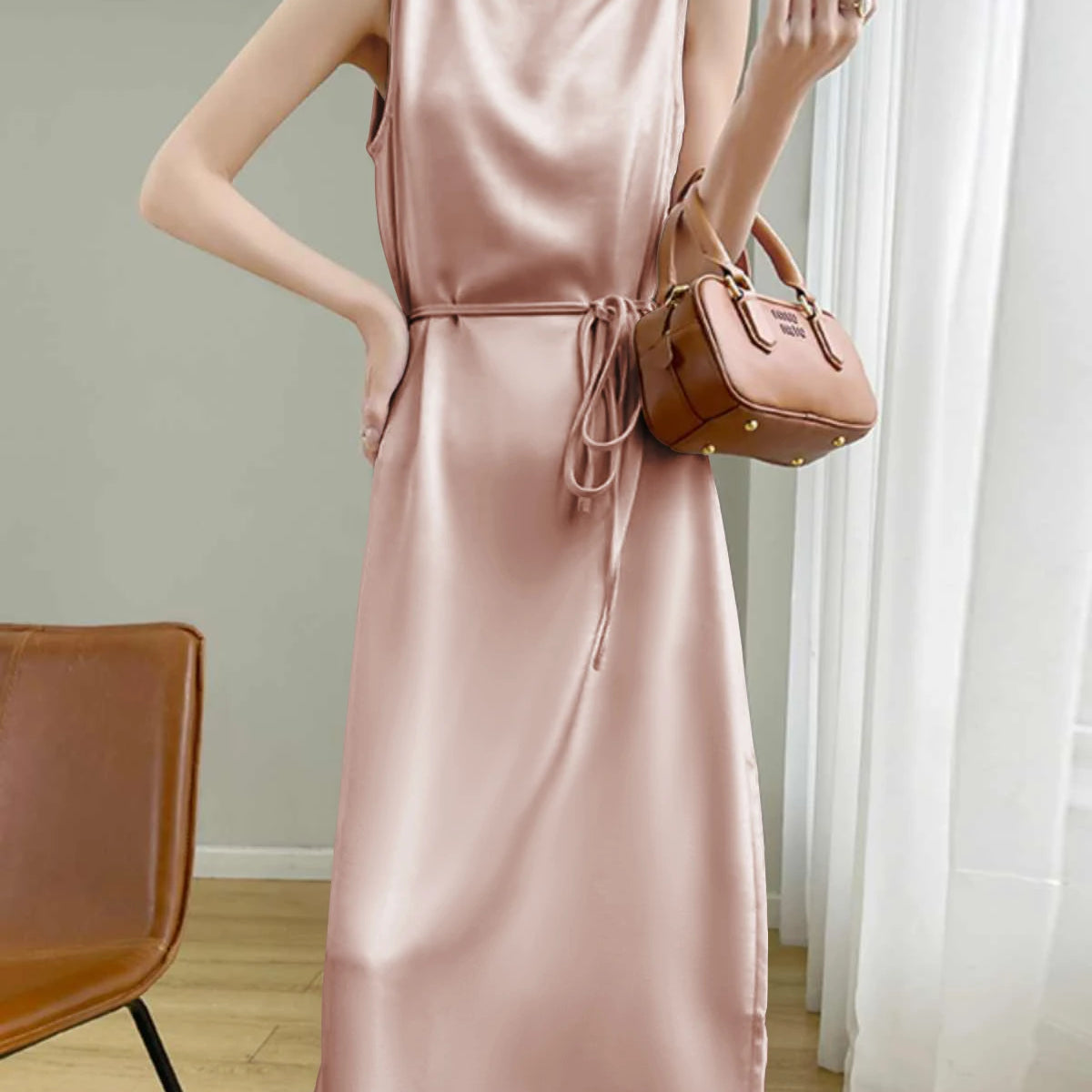 Daisysilk Sleeveless Silk Sheath Dress | Midi Slip Dress with Waist Tie ...