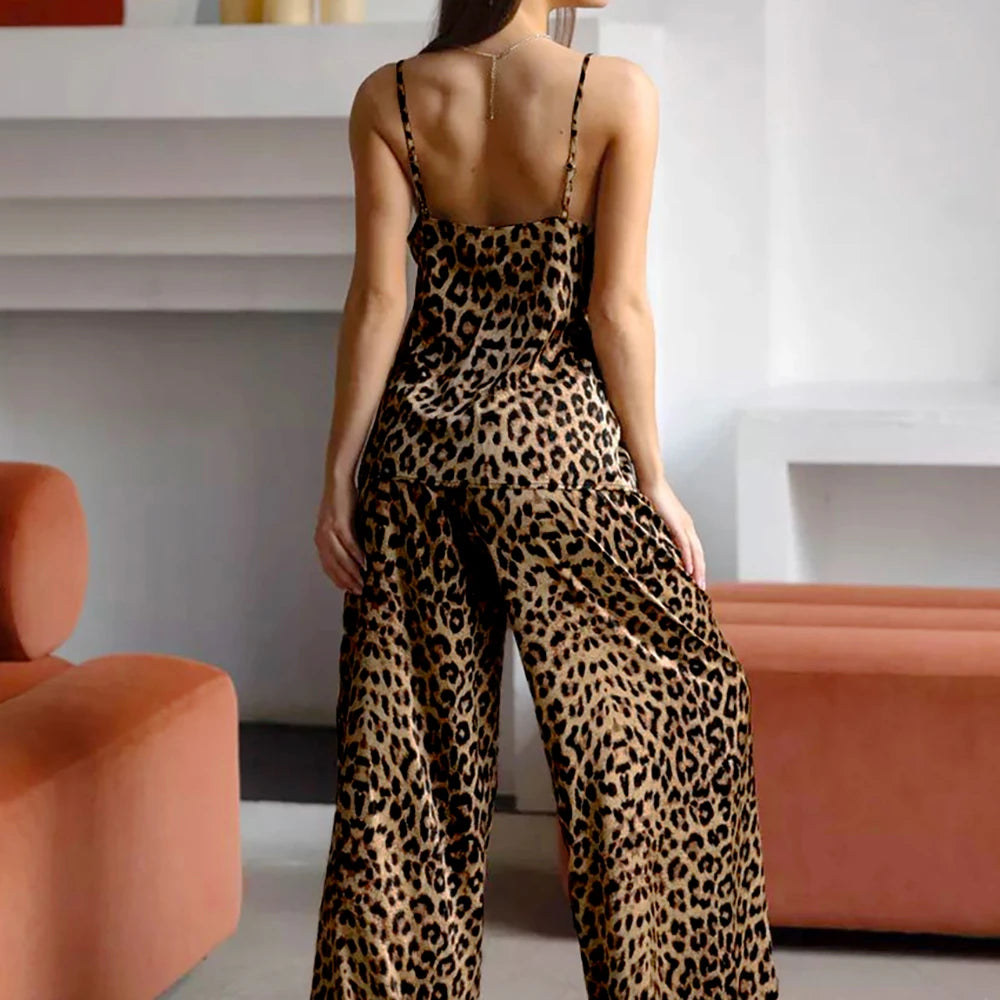 Leopard Print Silk Pajama Set Plus Size Silk Camisole and Pants Set ...