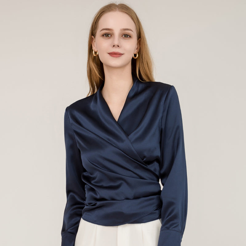 DAISYSILK Women's Silk Wrap Blouse Tie Front Top V-neck