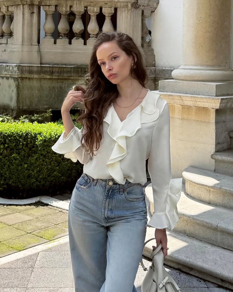 Women’s White Silk Ruffle Blouse | V-Neck Long Sleeve Ruffle Shirt ...